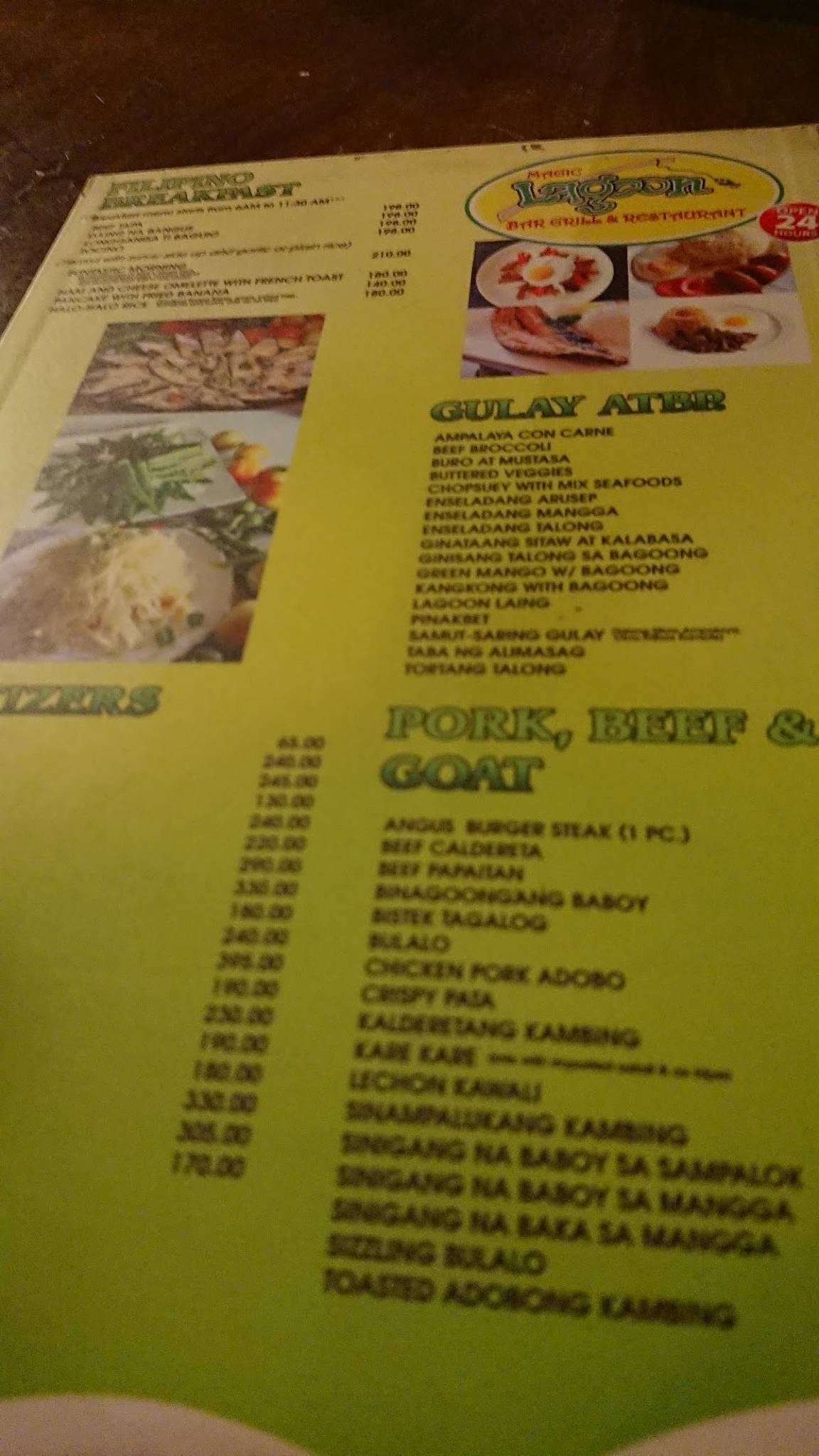 Menu at Magic Lagoon Bar, Subic Bay Freeport Zone, Bldg. 716