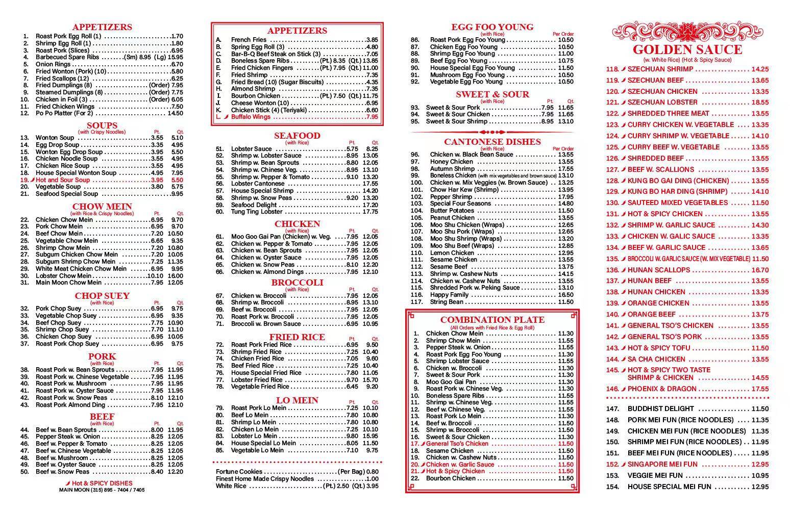 Menu at Main Moon Chinese Kitchen restaurant, Ilion, 40 Central Plaza