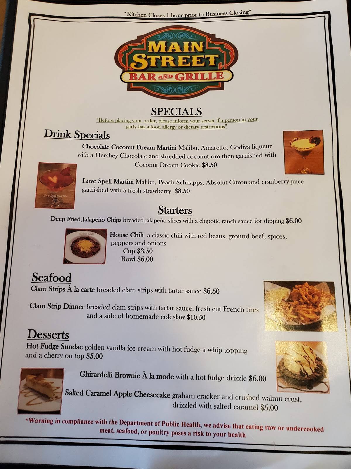 Menu at Main Street Bar & Grille, Greenfield