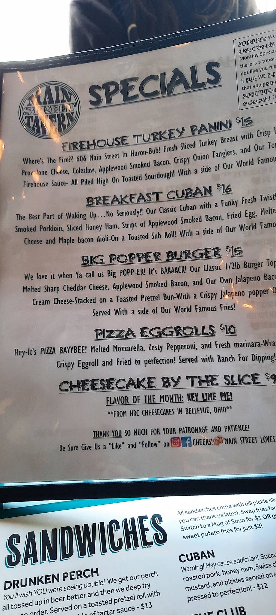 Menu at Main Street Tavern - Huron, OH pub & bar, Huron