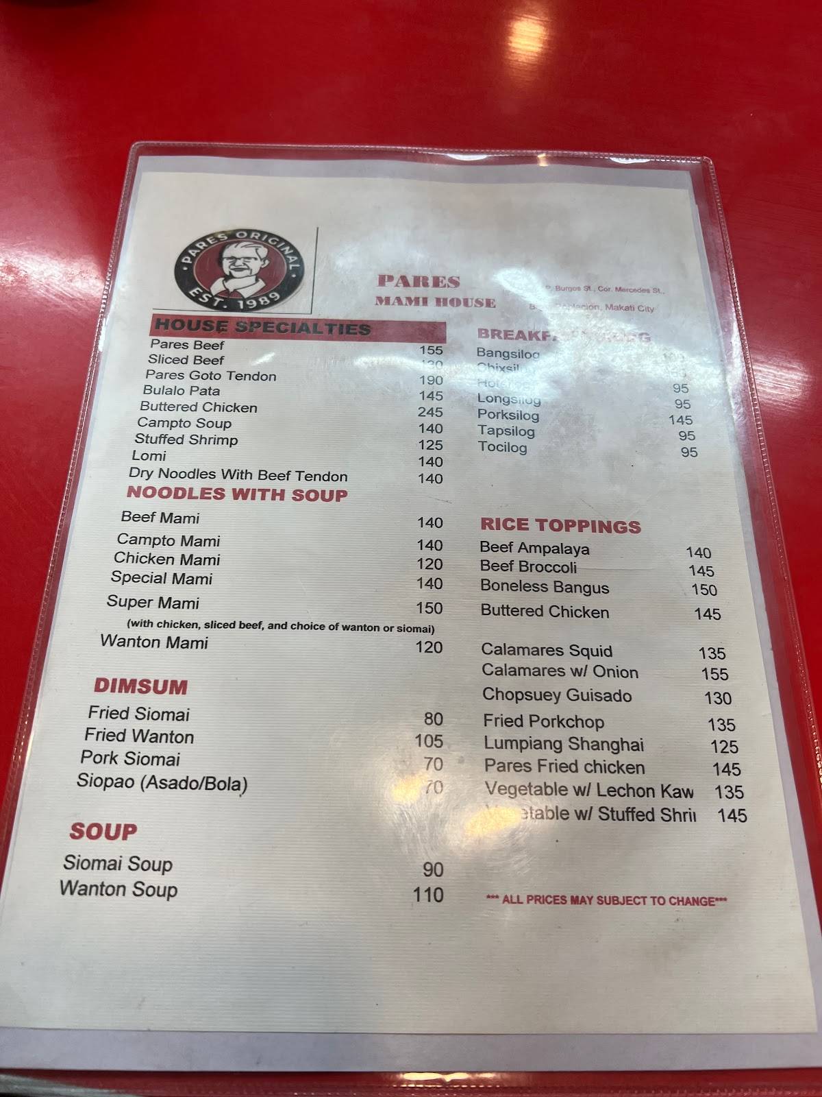 Menu at The Original Pares Mami House Retiro (now in Poblacion Makati ...