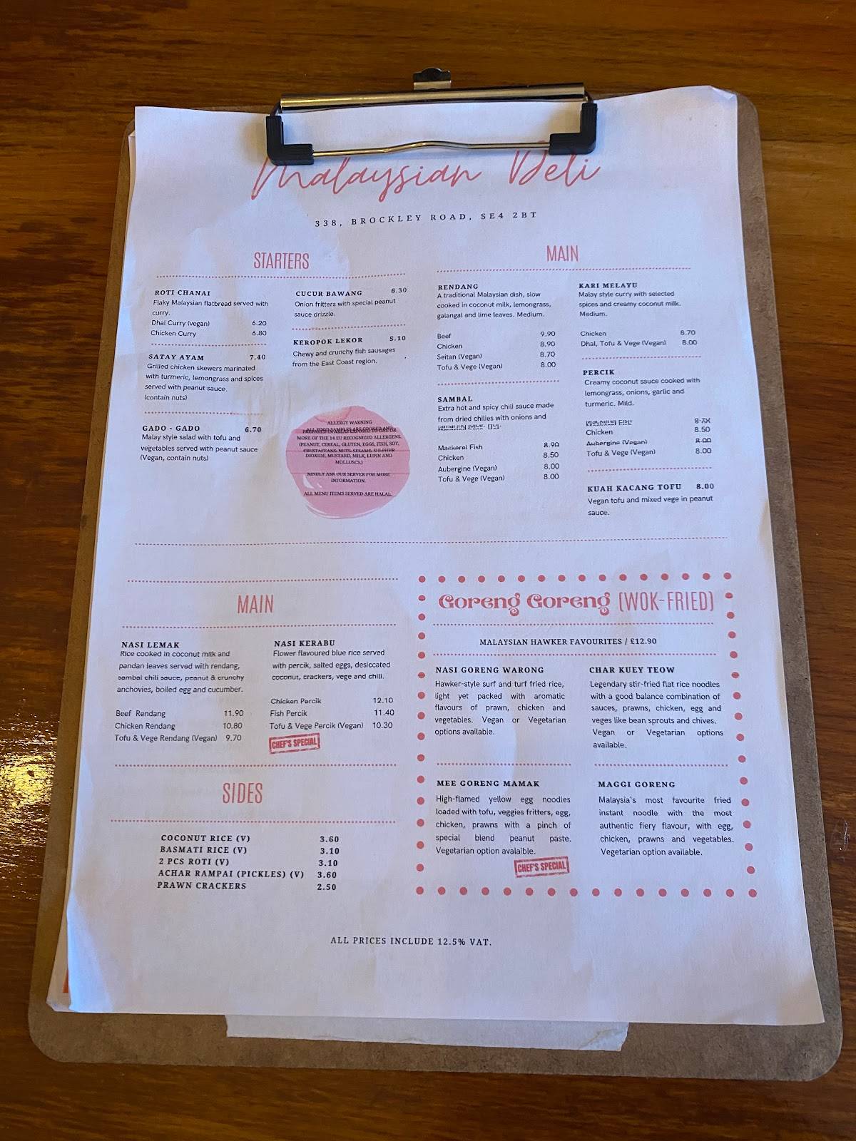 Menu at Malaysian Deli restaurant, London