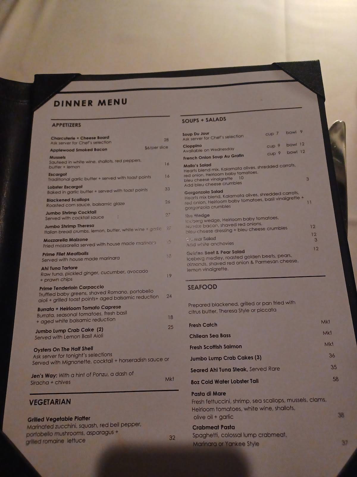 Menu at Malio's steakhouse, Tampa