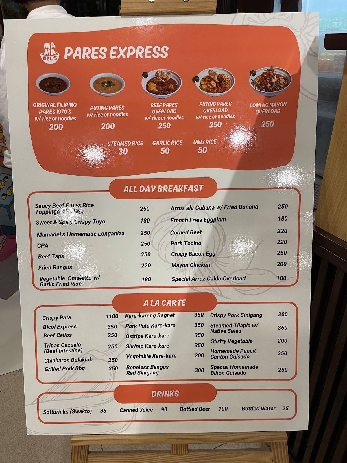 Menu at Mama Del's restaurant, Davao City