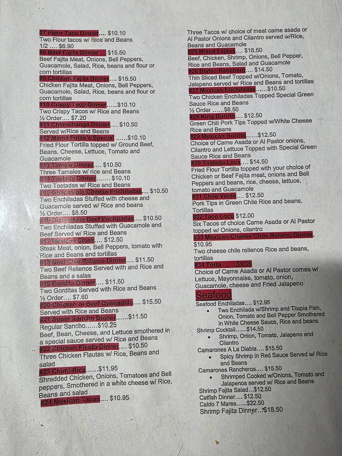 Menu at Mama Fina's restaurant, Plains