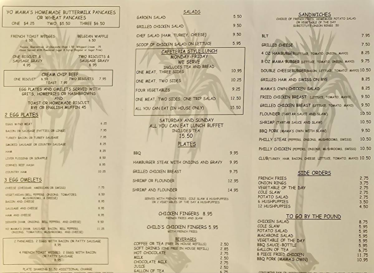Menu at Mama Jean's Restaurant, Little River, 210 SC-90