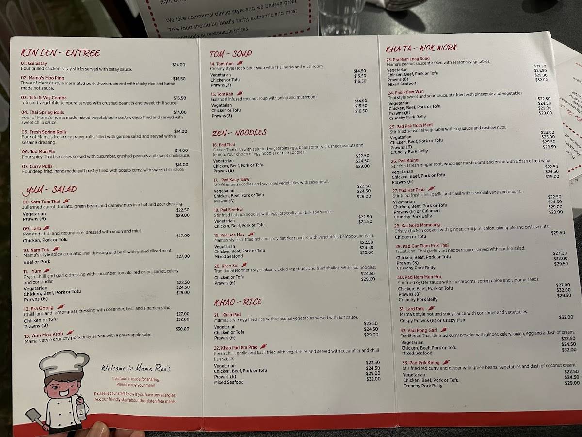 Menu at Mama Ree Thai Street Food restaurant, Christchurch