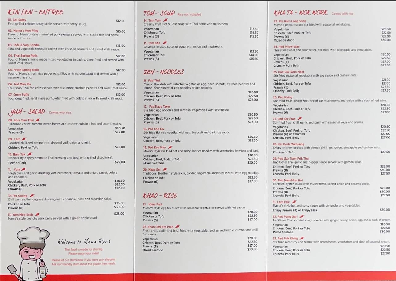 Menu at Mama Ree Thai Street Food restaurant, Christchurch