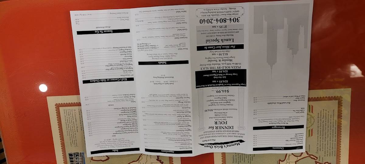 Menu at Mama Roma’sBrick Oven Pie and Pasta restaurant, Glenville