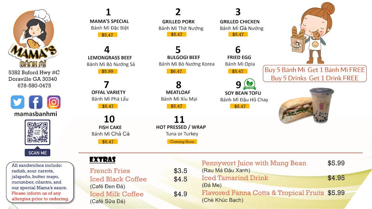 Menu at Mama’s Banh Mi Atlanta - Best Vietnamese Sandwich fast food ...