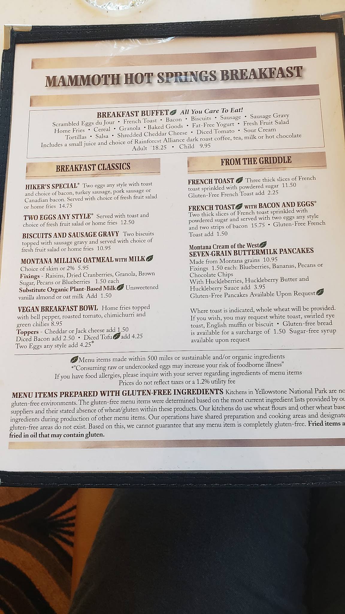 Menu at Mammoth Dining Room restaurant, USA, 305A Grand Loop Rd