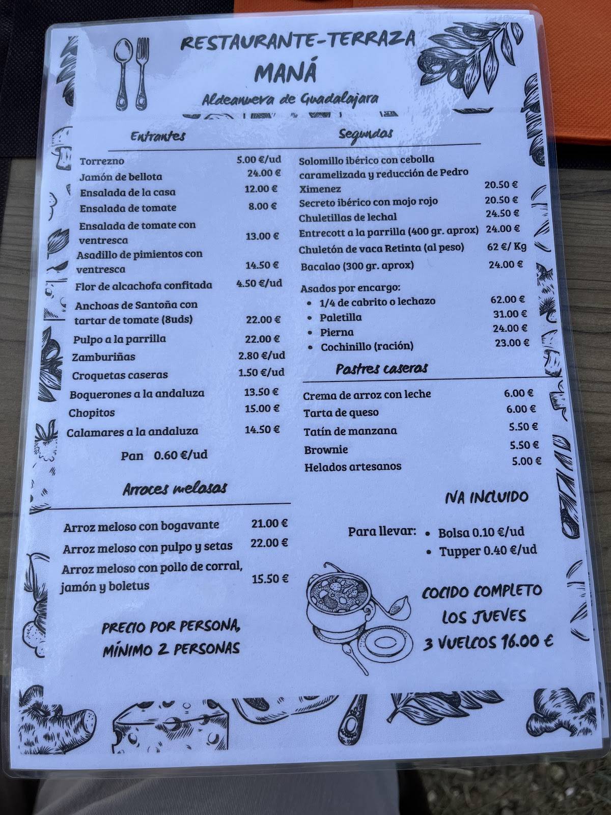 Carta de Restaurante Mana, Aldeanueva de Guadalajara, C. de Atanzon