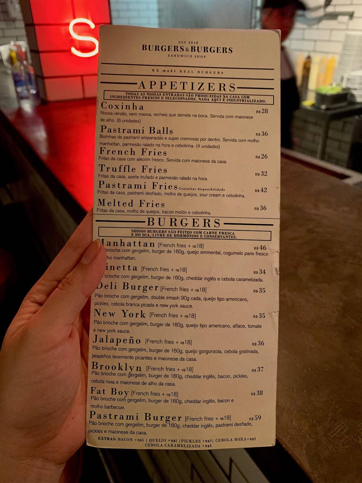 Menu at Burgers & Burgers restaurant, Manaus