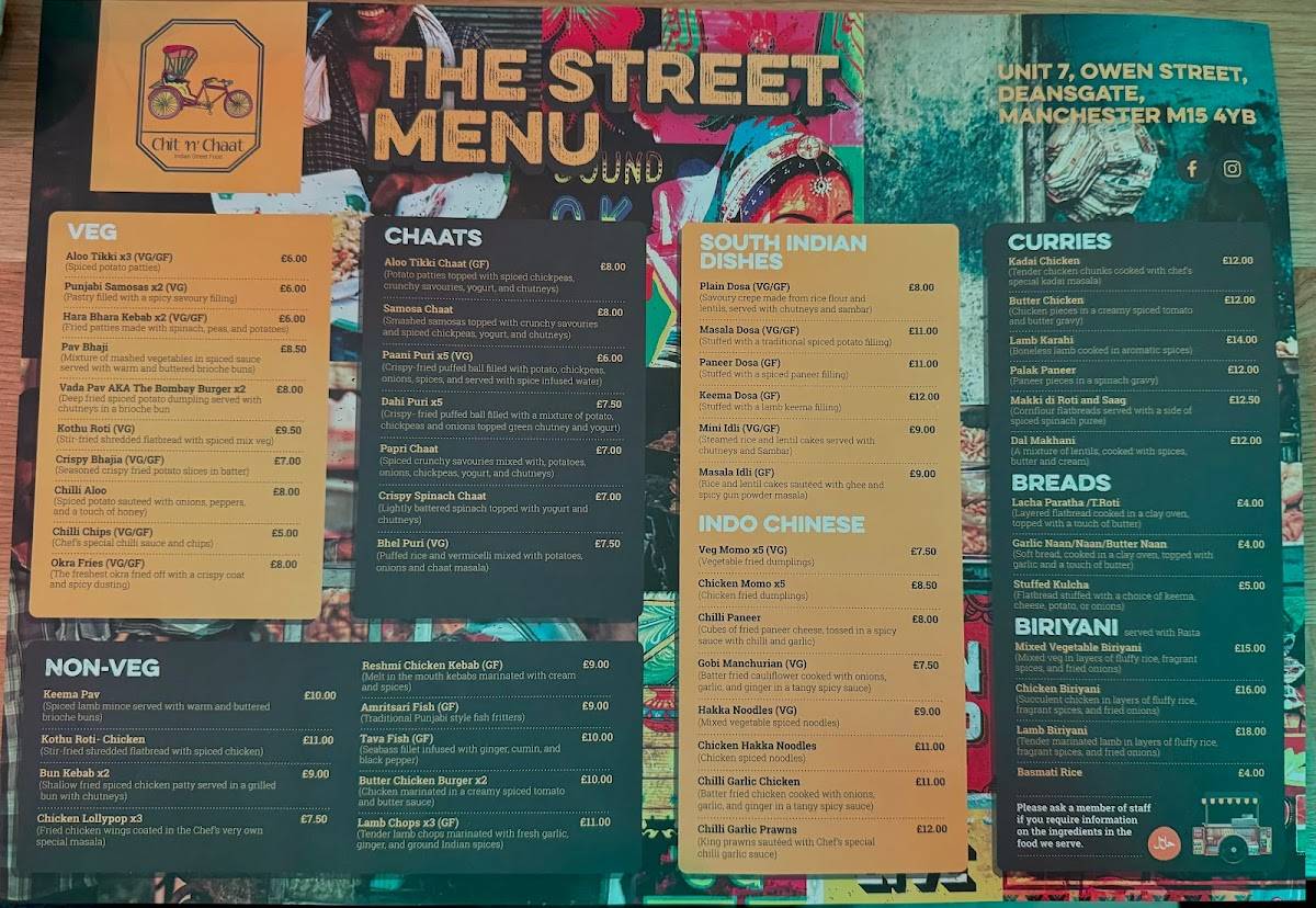 Menu at Chit 'N' Chaat Indian restaurant, Manchester