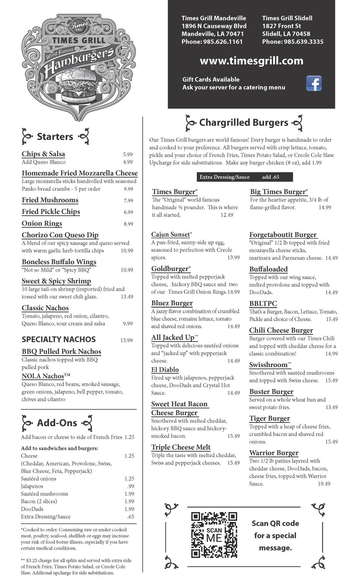Menu at Times Grill restaurant, Mandeville
