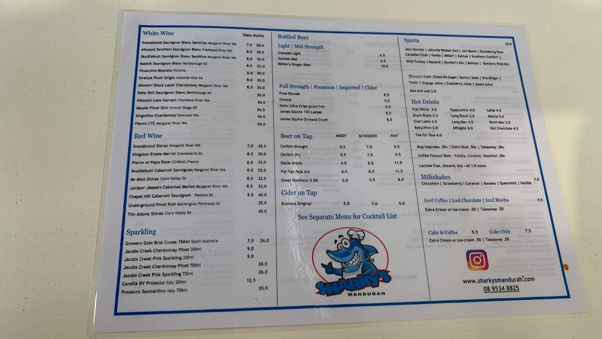 Menu at Sharky's Fish & Chips cafe, Mandurah