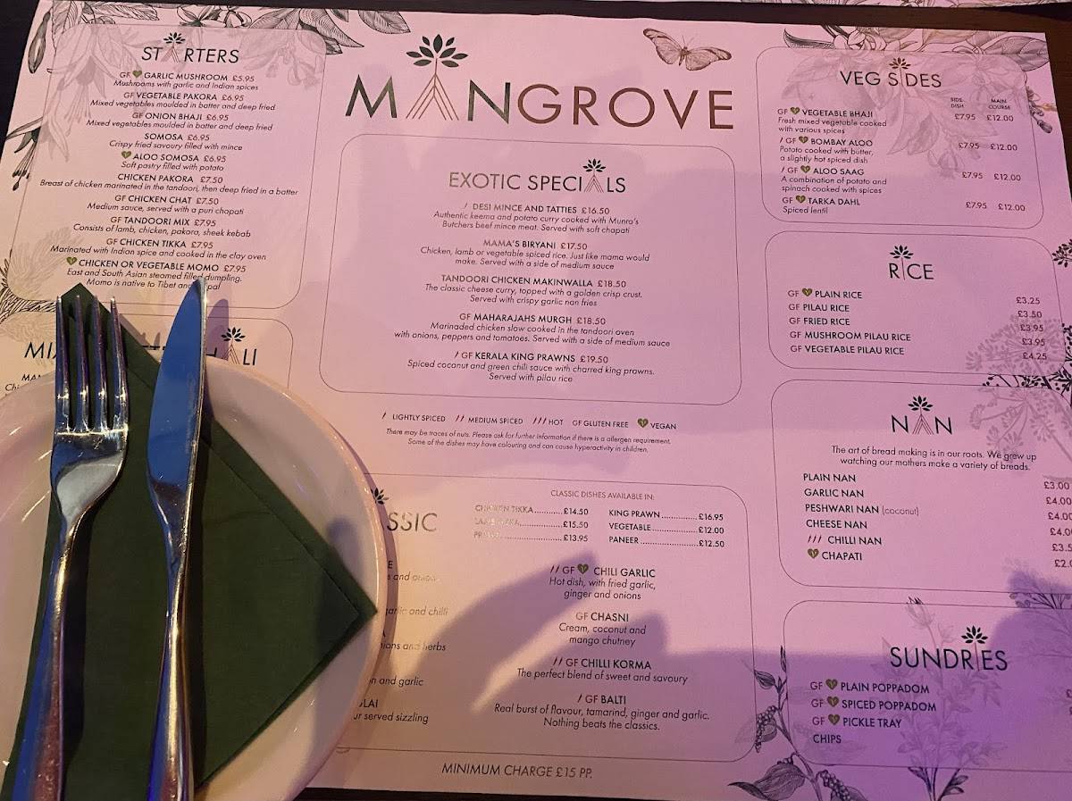 Menu at Mangrove restaurant, Inverness