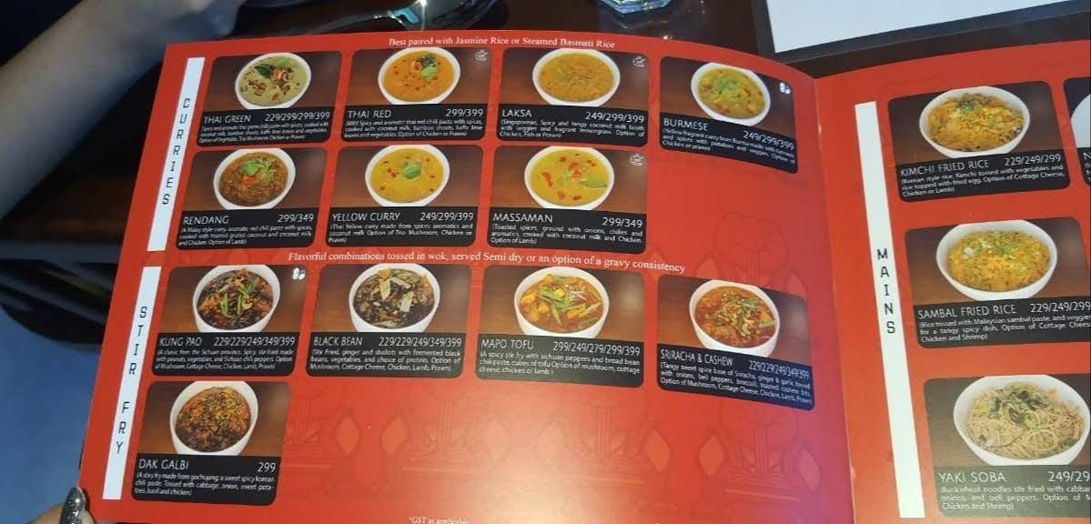 Menu at Kyoto, Manipal