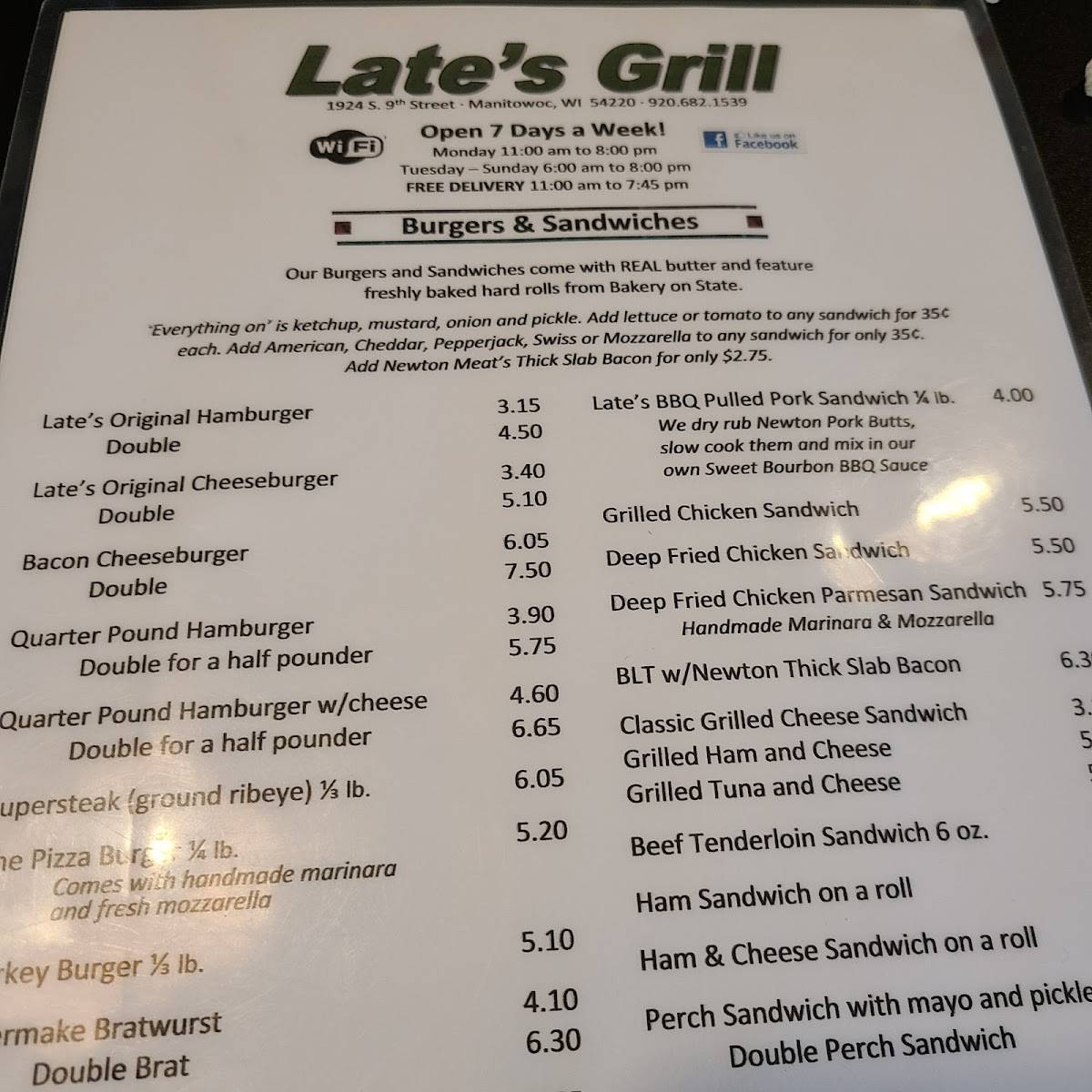 Menu at Late's restaurant, Manitowoc