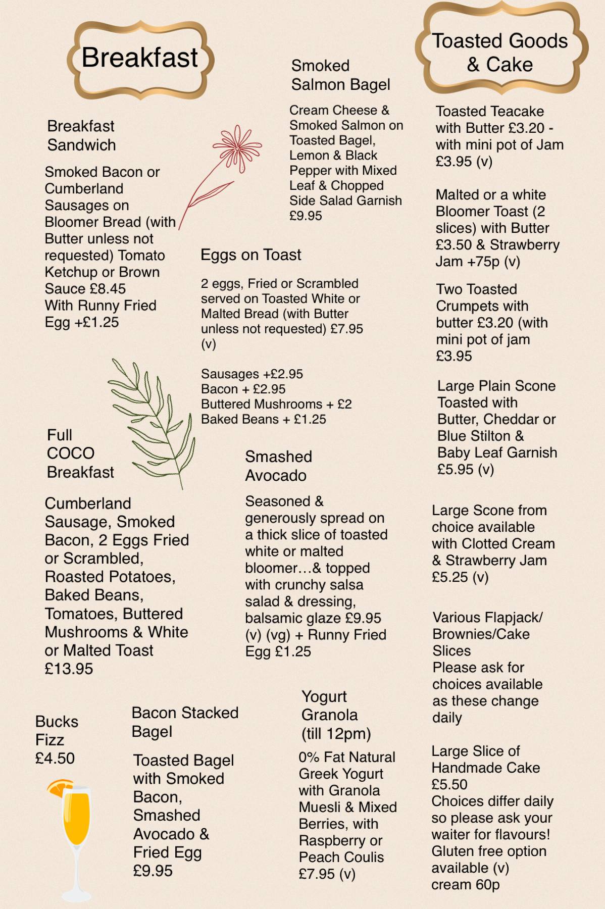 Menu at Coco cafe, Mansfield, 123 Nottingham Rd