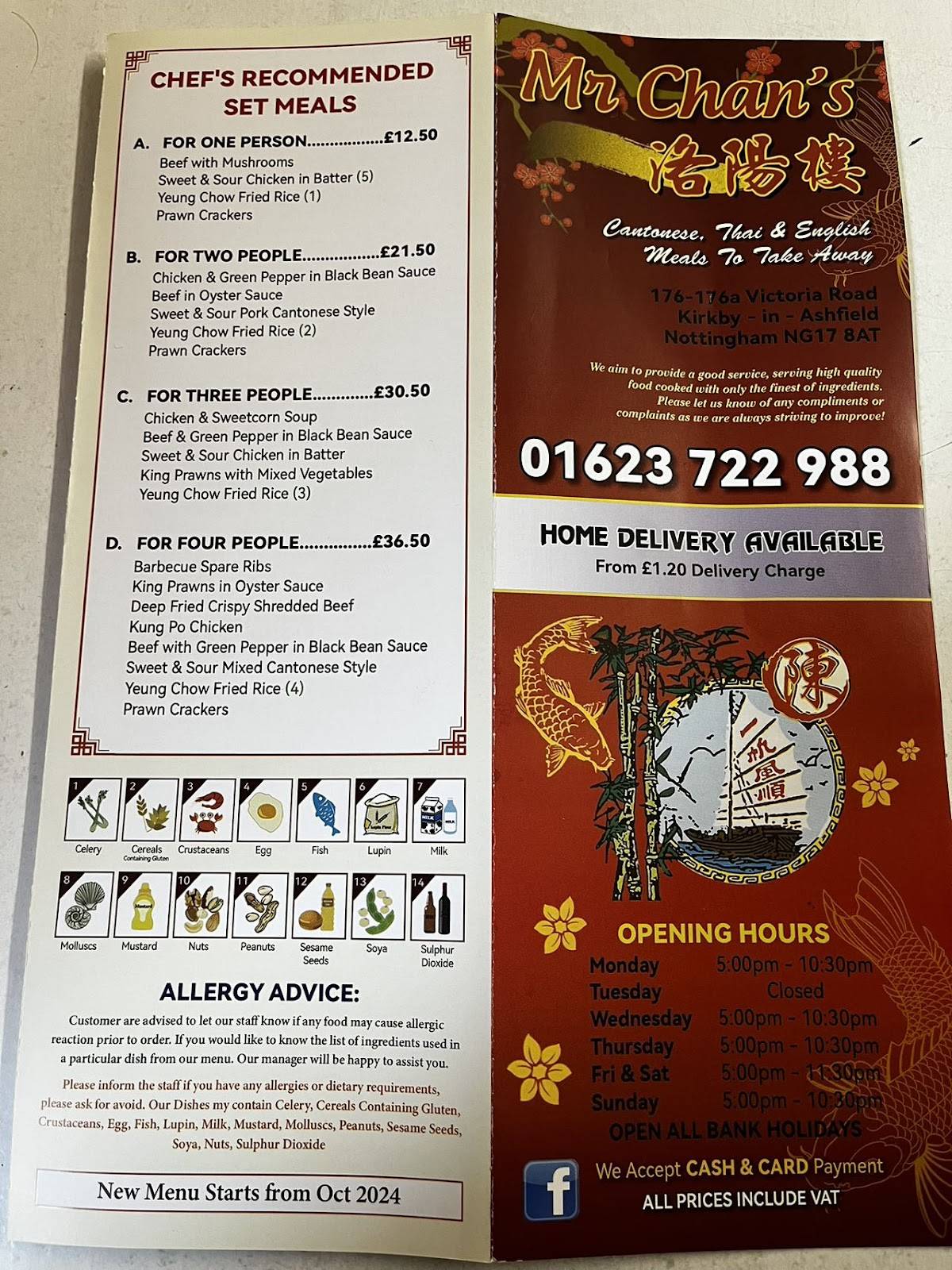 Menu at Mr Chans restaurant, Sutton-in-Ashfield, 176 Victoria Rd