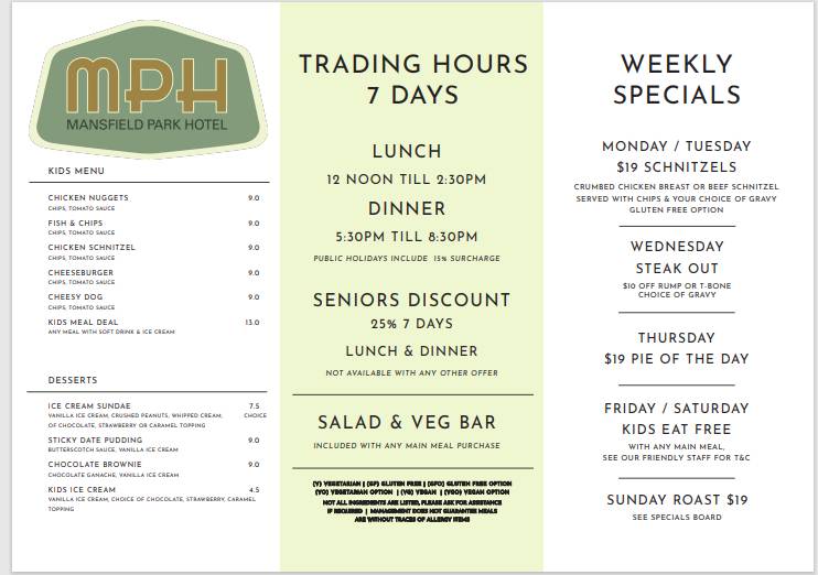 Menu at Mansfield Park Hotel pub & bar, Mansfield Park