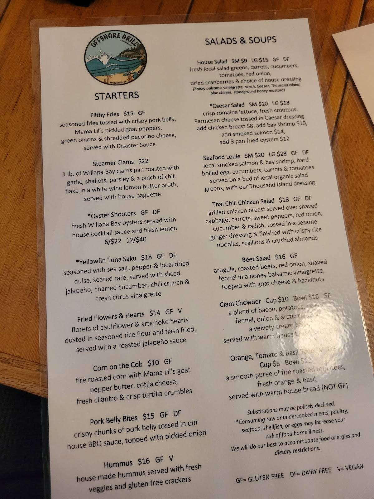 Menu at Offshore Grill and Coffee House, Manzanita