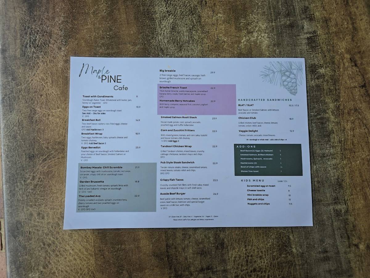 Menu at Maple and Pine Cafe, Isaacs