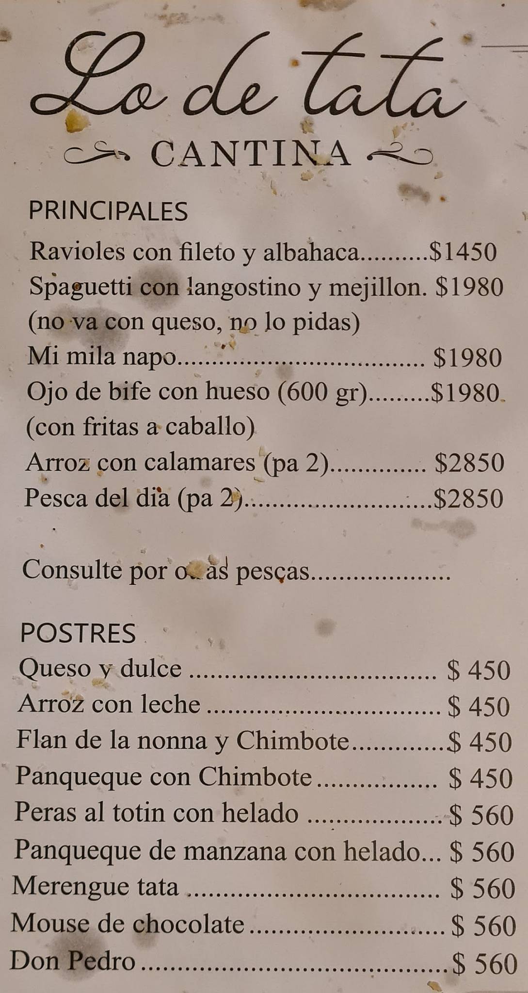 Carta del restaurante Lo del Tata, Mar del Plata, La Rioja 3098