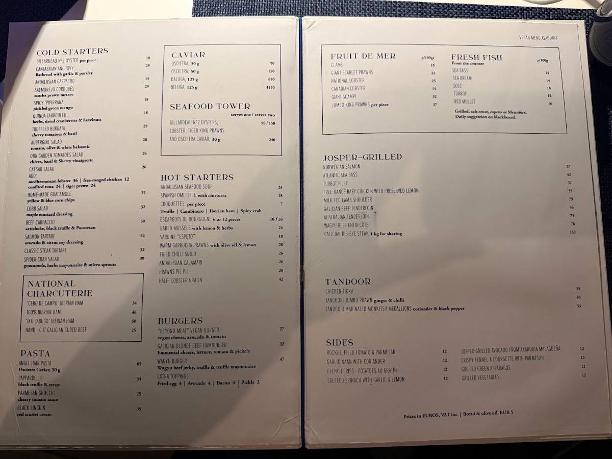 Menu at Sea Grill restaurant, Marbella