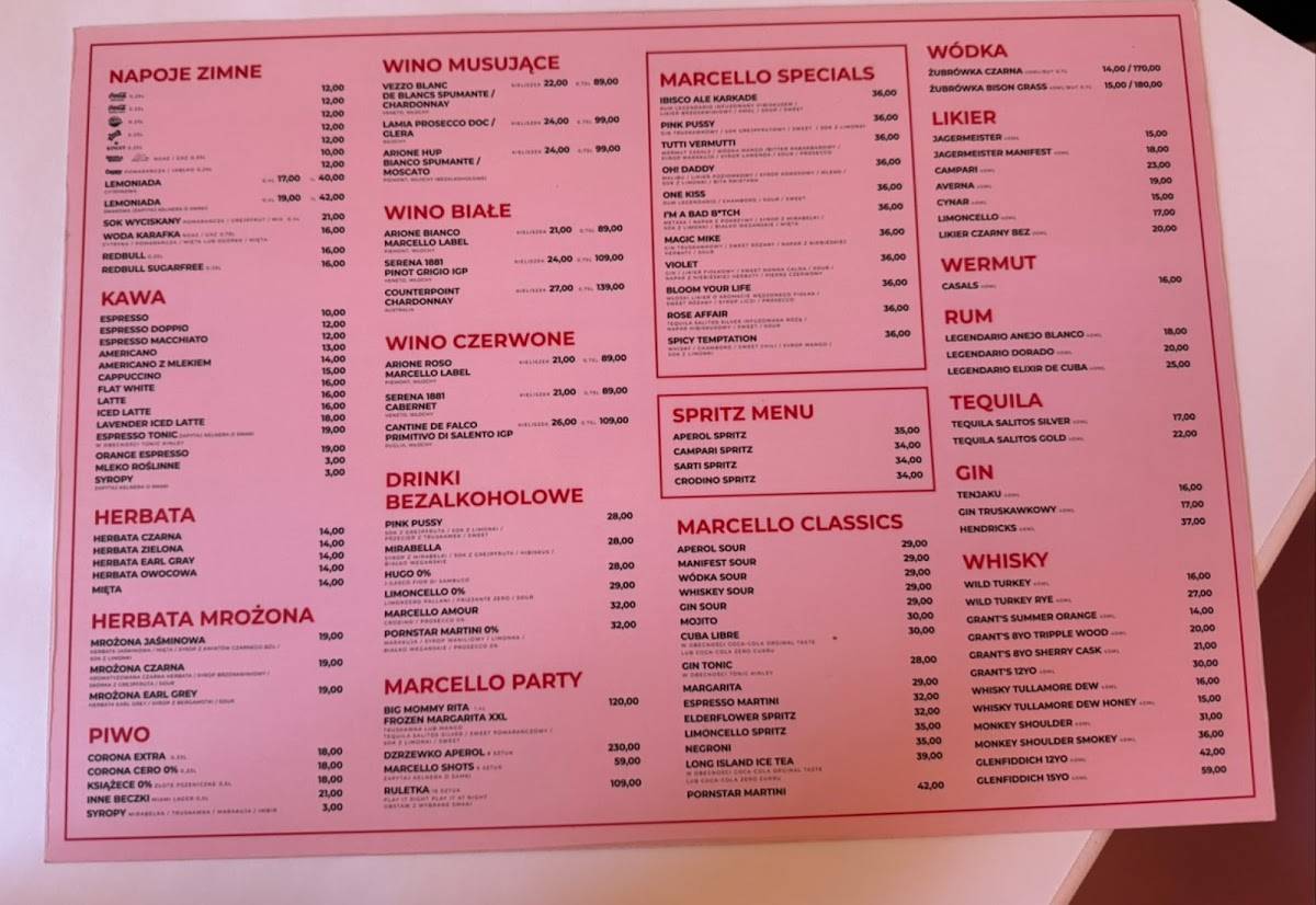 Menu at Marcello Warszawa restaurant, Warsaw