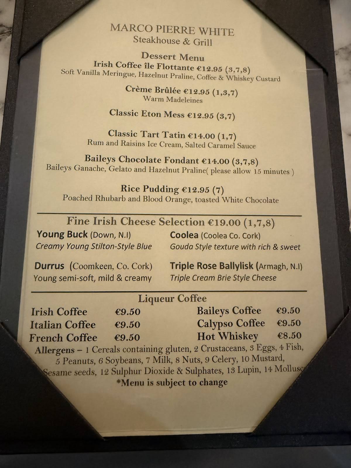 Menu at Marco Pierre White Steakhouse & Grill, Dublin