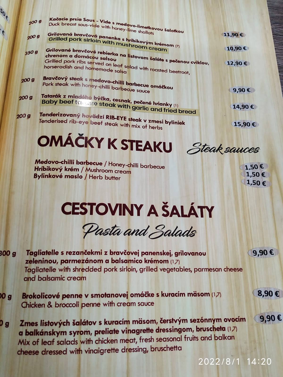 Menu at Marco restaurant, Poprad