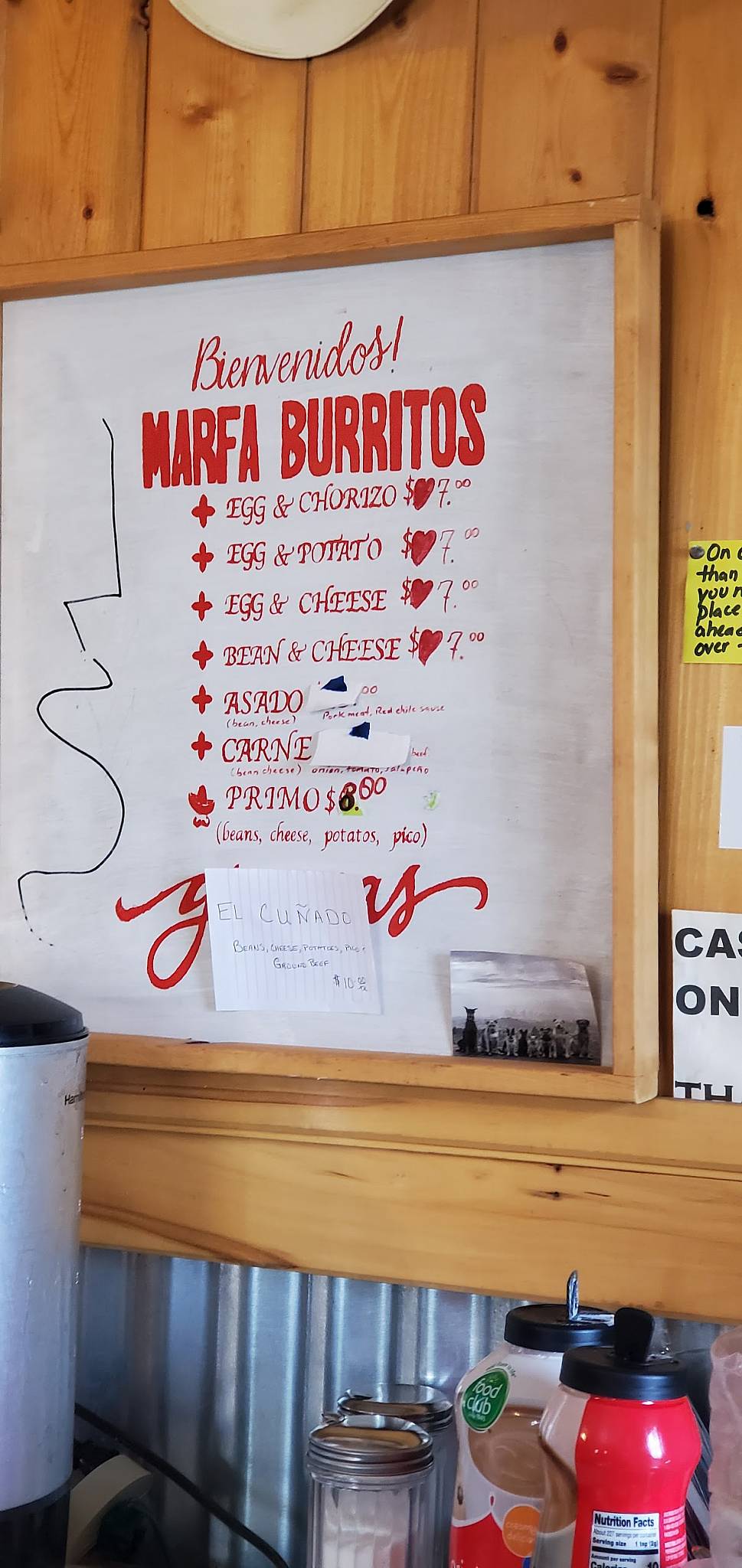 Menu at Marfa Burritos restaurant, Marfa