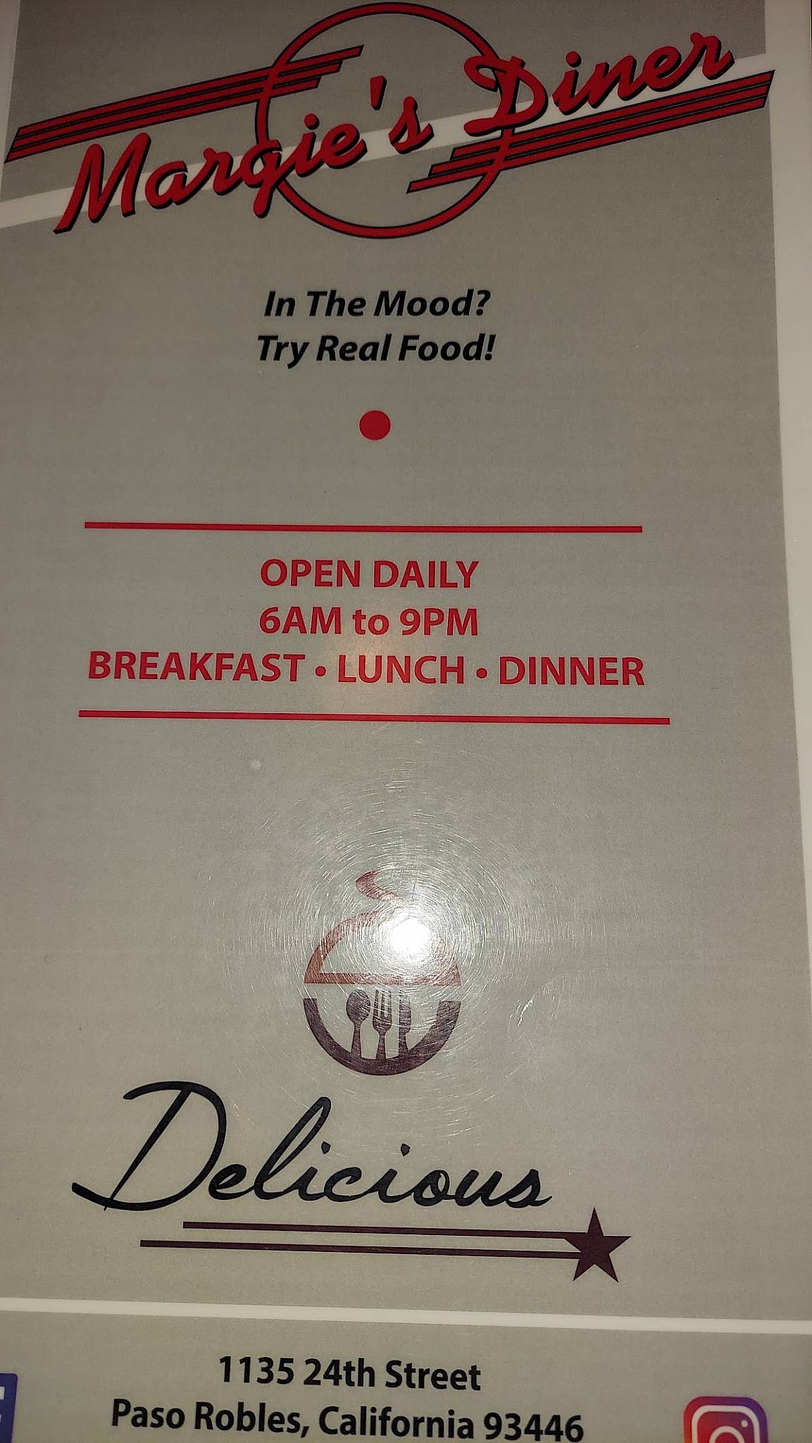 Menu at Margie's Diner restaurant, Paso Robles
