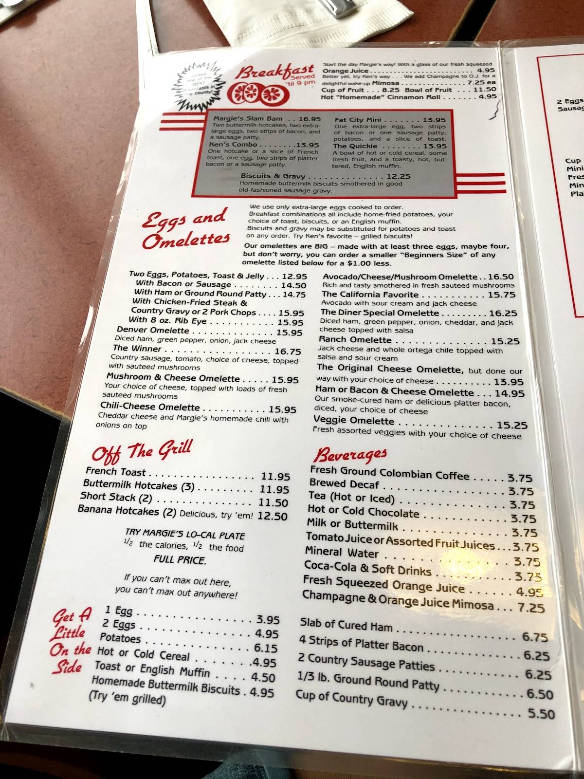Menu at Margie's Diner restaurant, Paso Robles