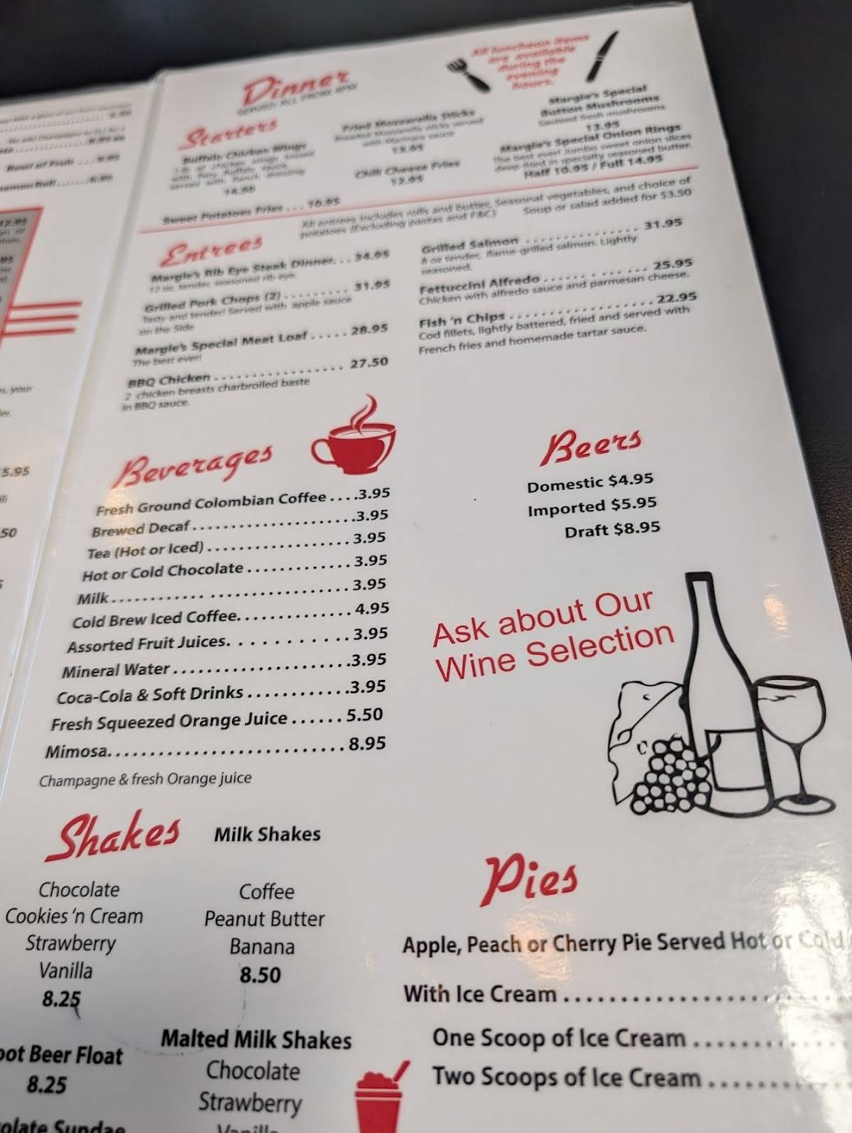 Menu at Margie's Diner restaurant, Paso Robles