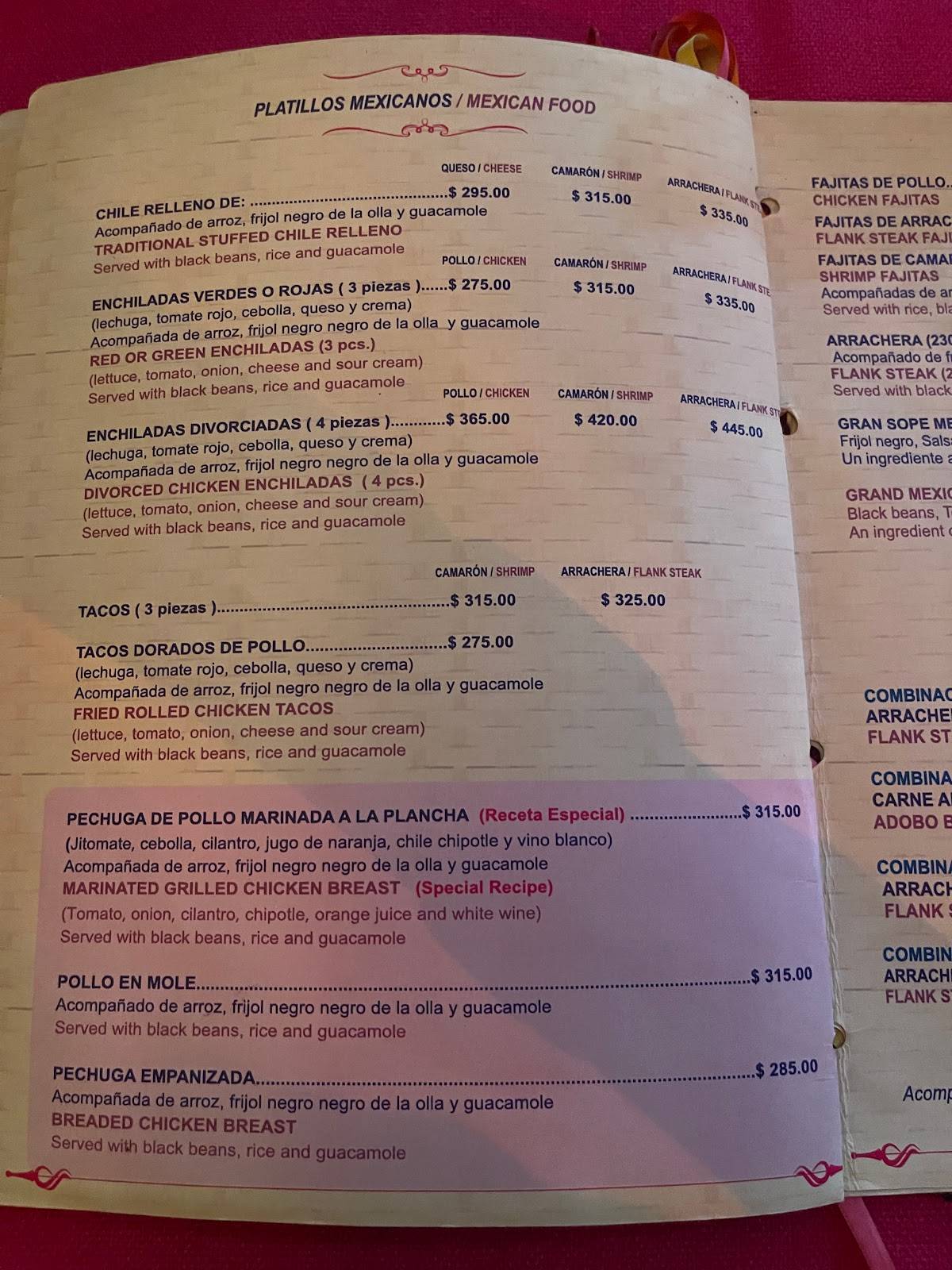 Menu at Maria Jimenez Restaurante Mexicano, Cabo San Lucas