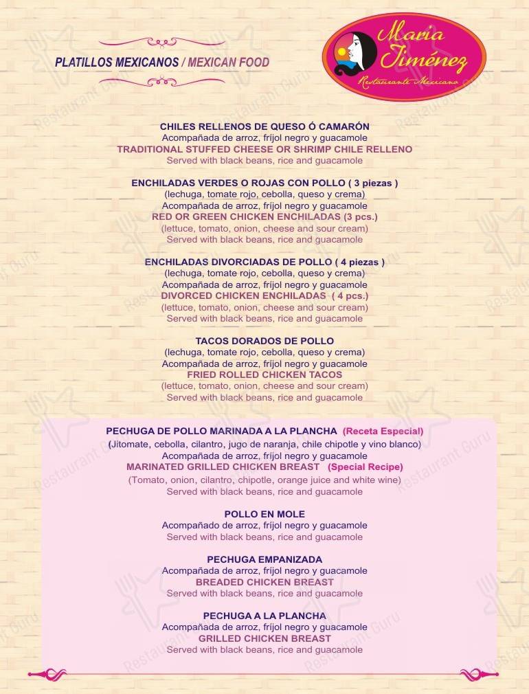 Menu at Maria Jimenez Restaurante Mexicano, Cabo San Lucas