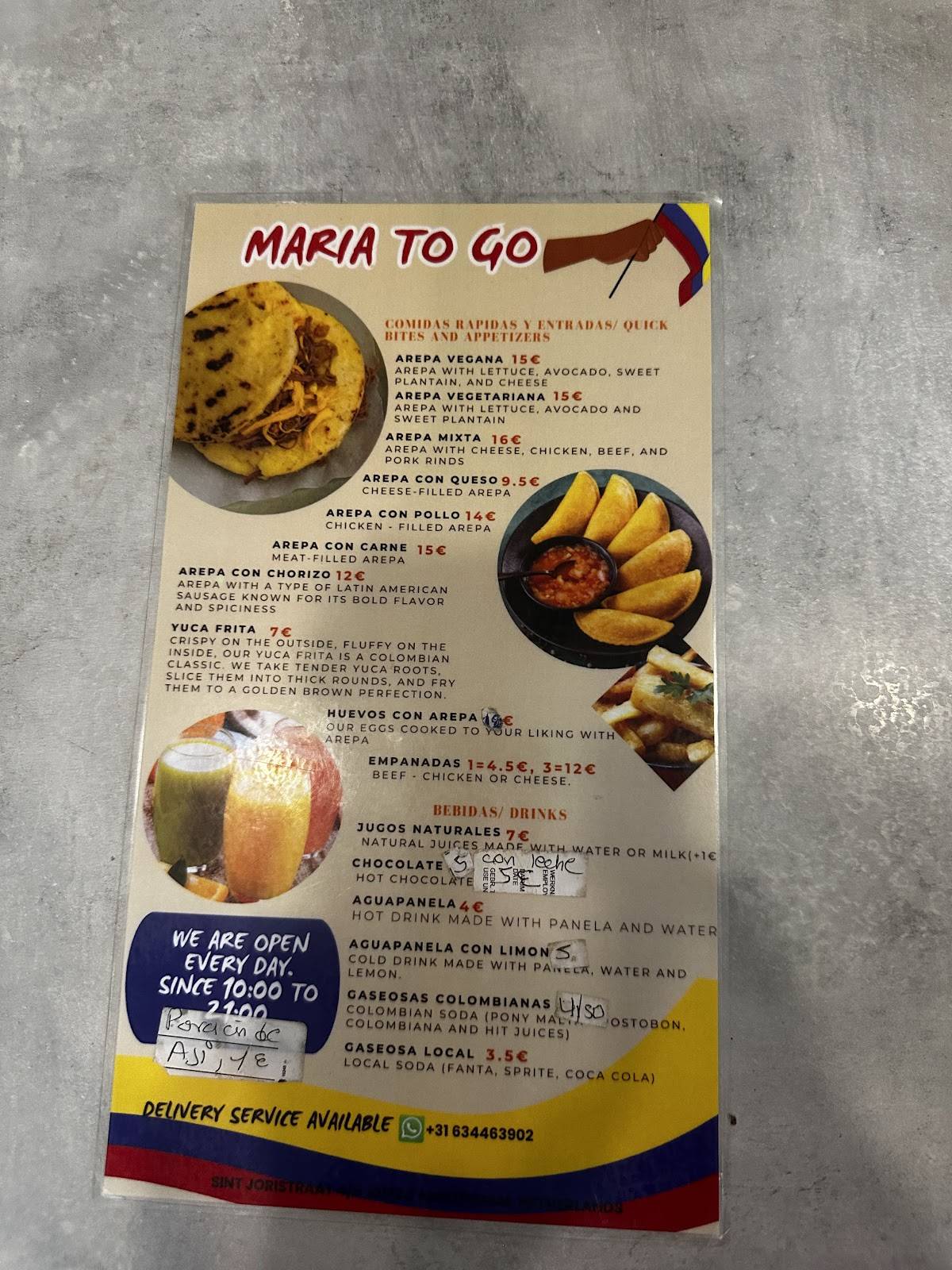 Menu at Maria To Go, Amsterdam