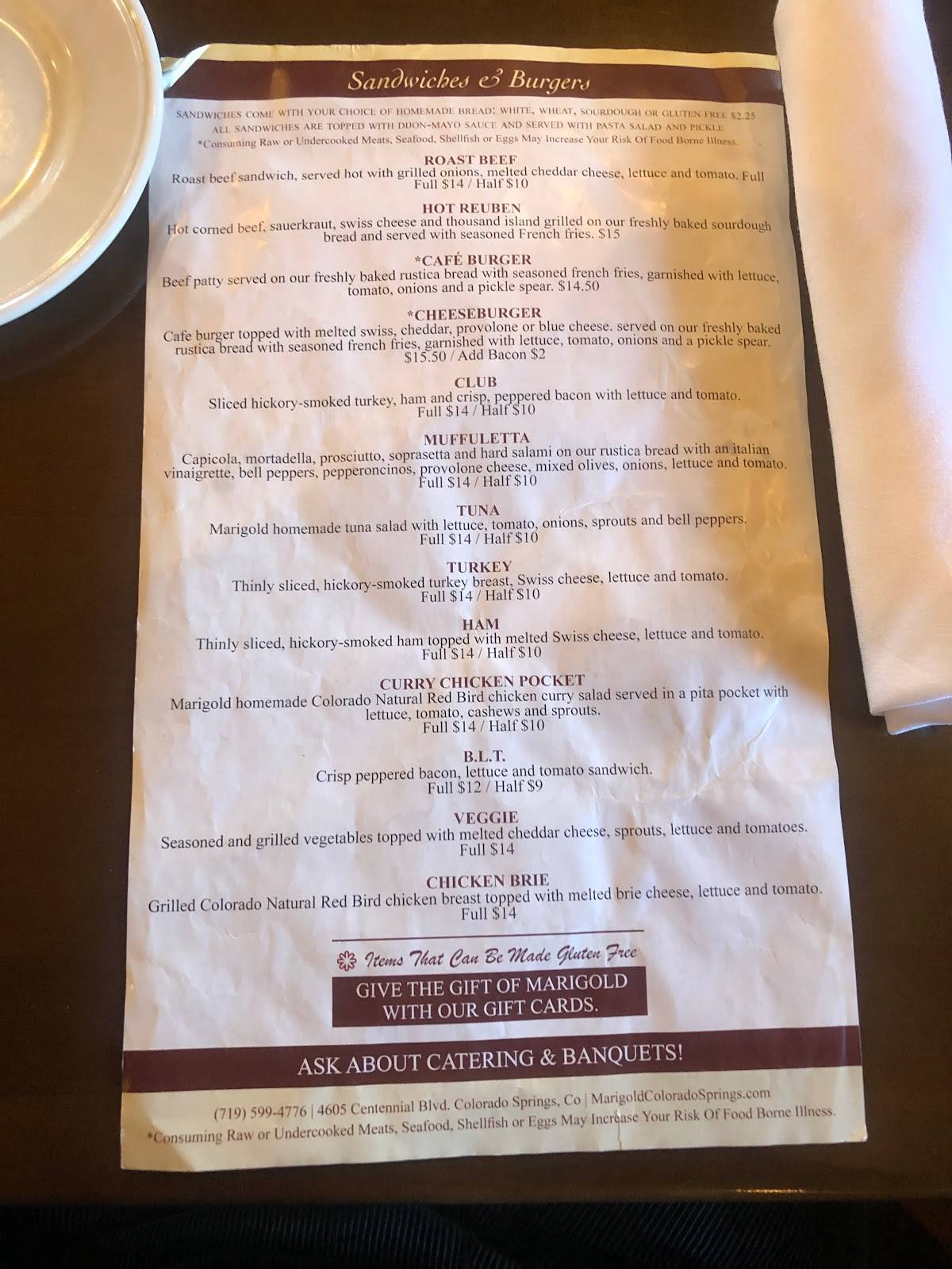 Menu at Marigold Cafe & Bakery, Colorado Springs