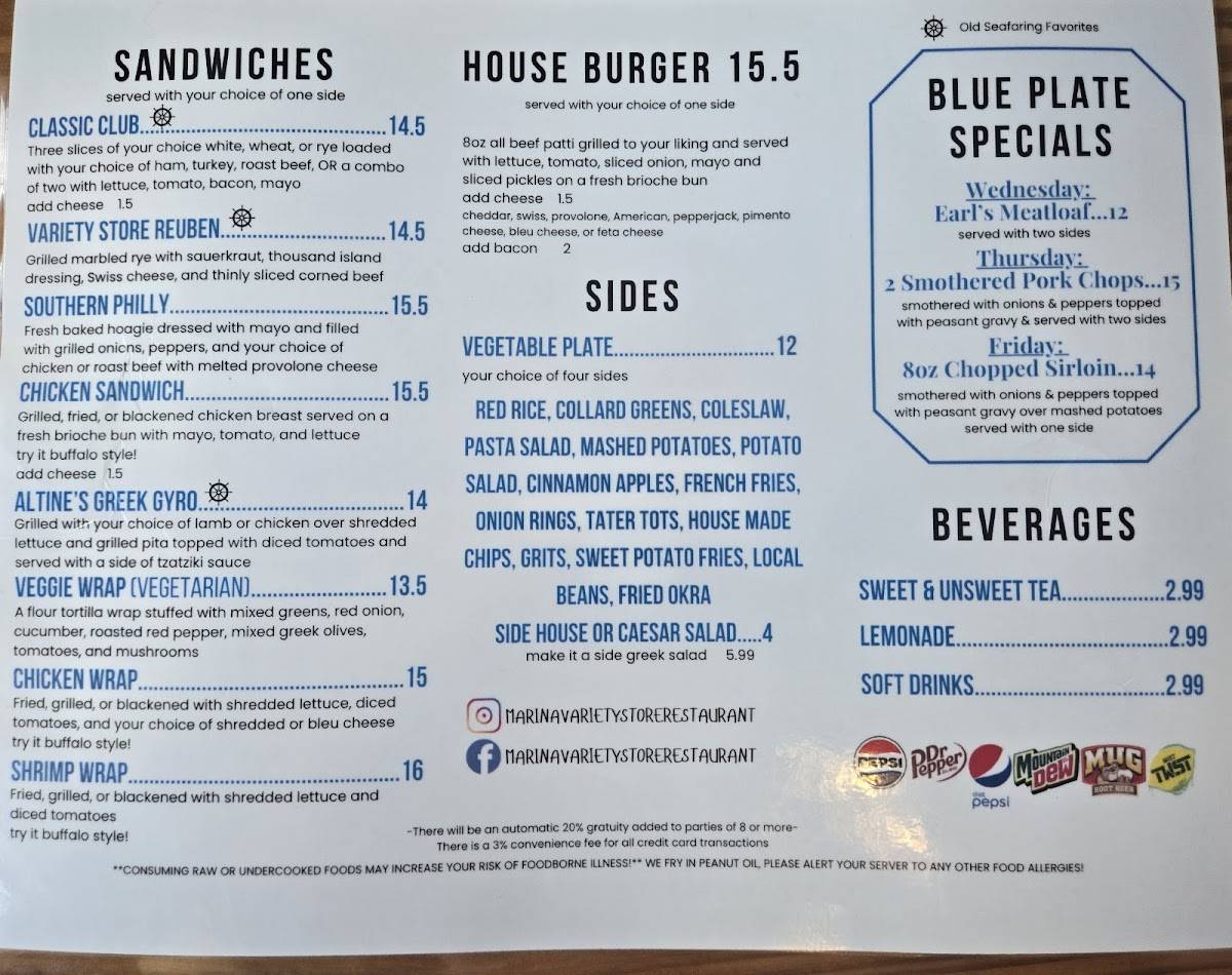 Menu at Marina Variety Store Restaurant, Charleston