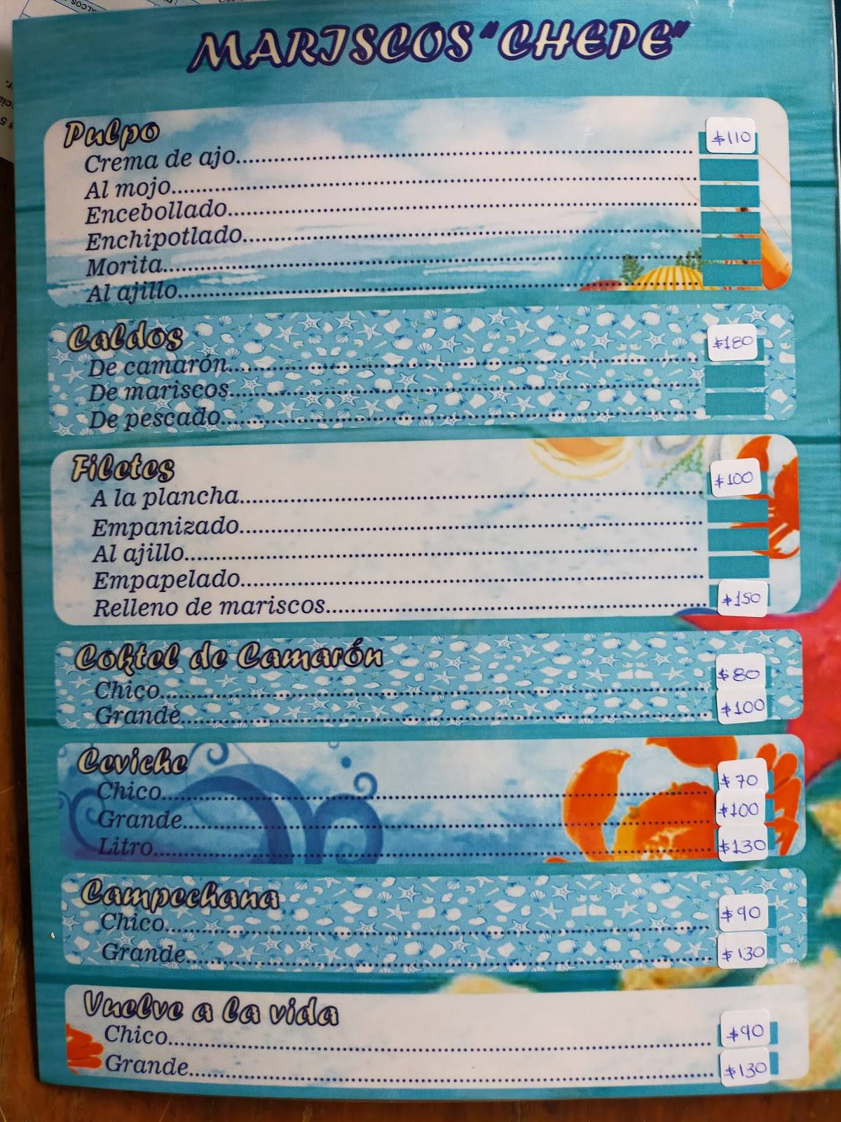 Menu at Mariscos Chepe restaurant, Coatzacoalcos