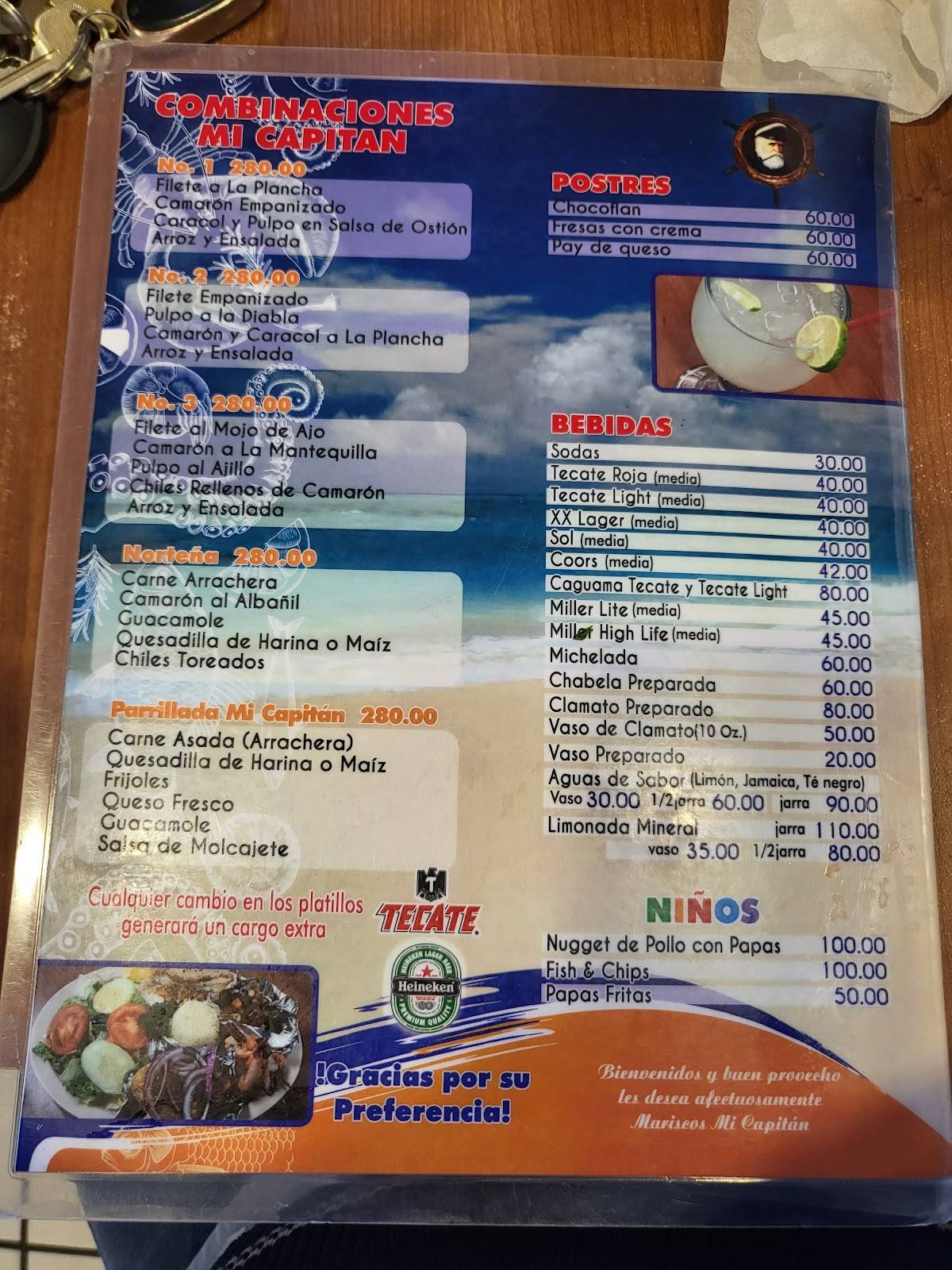 Menu at Mariscos Mi Capitán restaurant, Mexicali, Calz Anáhuac 1228