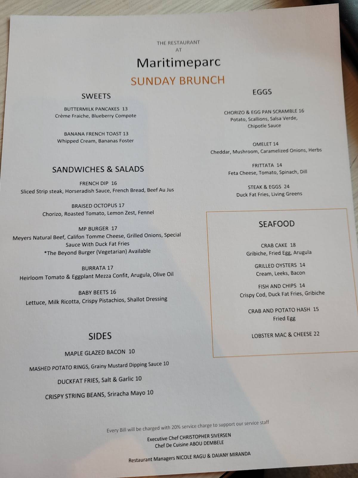 Menu at Maritime Parc restaurant, Jersey City