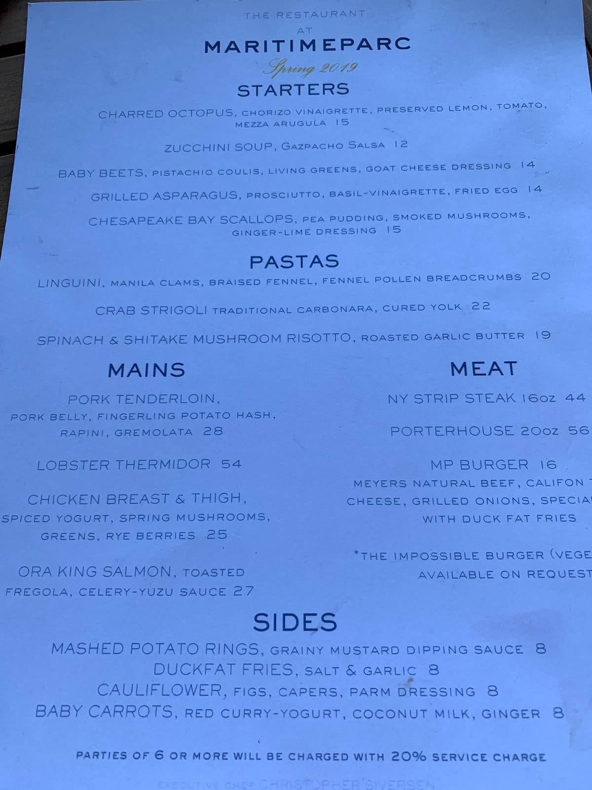 Menu at Maritime Parc restaurant, Jersey City