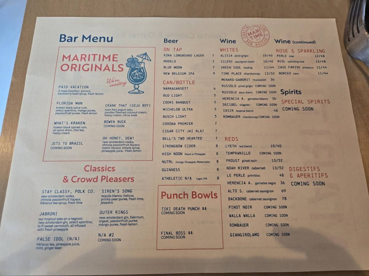 Menu at Maritime restaurant, Winter Haven