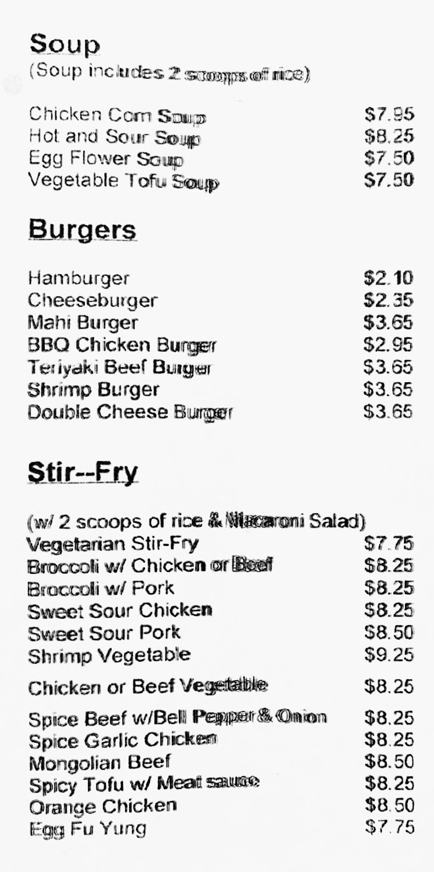 Menu at Mark's Drive Inn BBQ, Honolulu