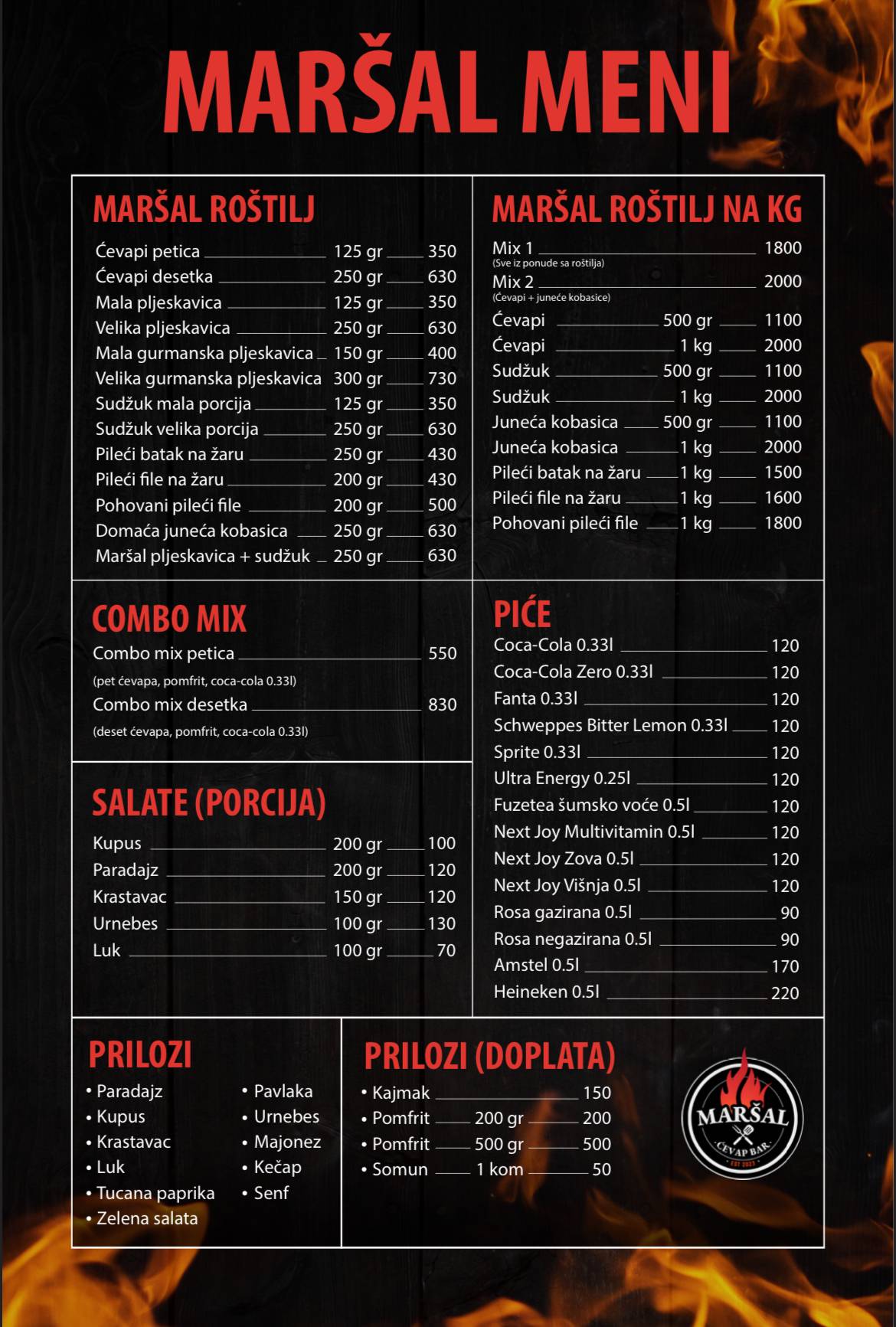 Menu at Maršal Ćevap Bar, Pancevo