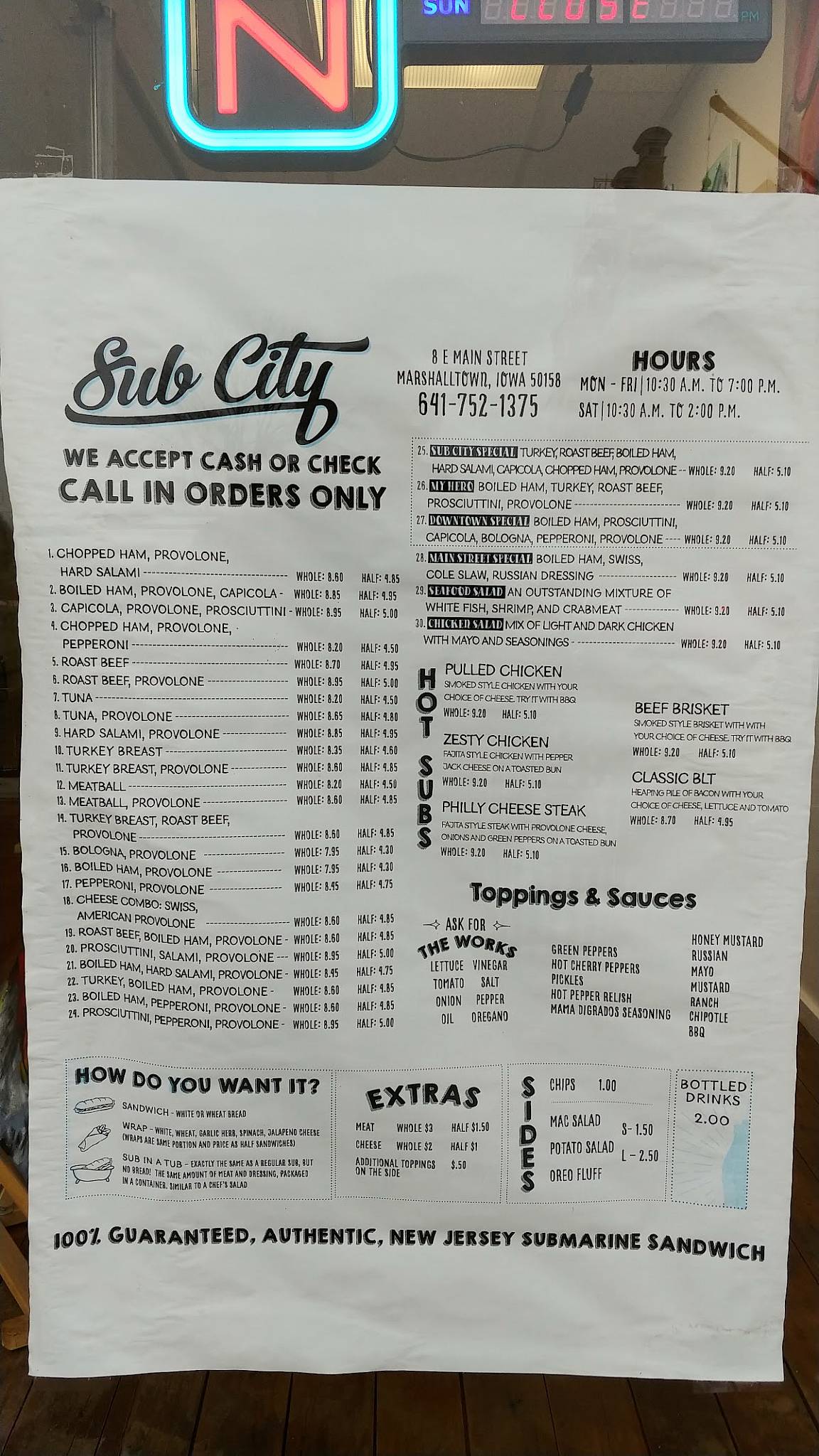 Menu at Sub City restaurant, Marshalltown